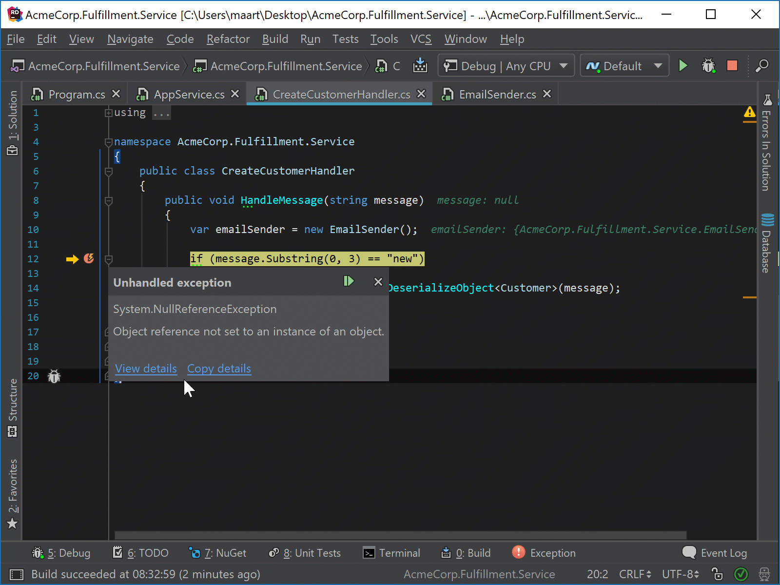 Exception Popup Improved Smart Step Into Symbol Servers And More Rider 20181 Eap Debugger